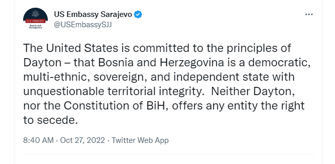 Ambasada SAD-a: Ni Ustav ni Dayton ne daju pravo entitetima na otcjepljenje